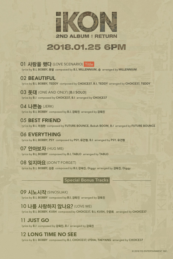 YG LIFE – iKON – ‘2nd ALBUM : RETURN’ TRACKLIST